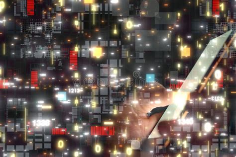 sci fi futuristic 3d rendered blinking binary code numbers with a hand holding a smartphone