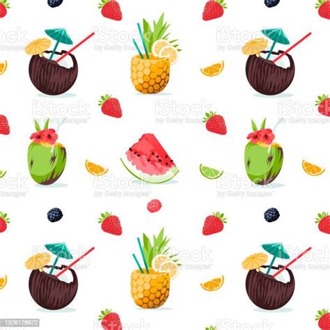트로픽 칵테일 파인애플 수박 베리 딸기 감귤류 흰색 배경의 코코스가 있는 여름의 매끄러운 귀여운 다채로운 패턴 벡터