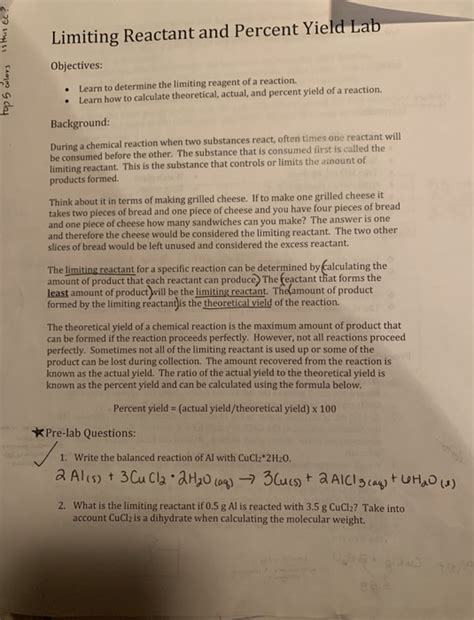 limiting reactant and percent yield lab