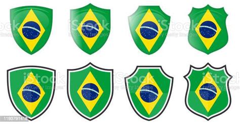방패 모양의 수직 브라질 국기 네 개의 3d 및 간단한 버전 브라질 아이콘기호 방패에 대한 스톡 벡터 아트 및 기타 이미지 방패 브라질 0명 Istock