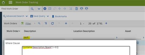 why is the contains operator used in list view where clause maximo