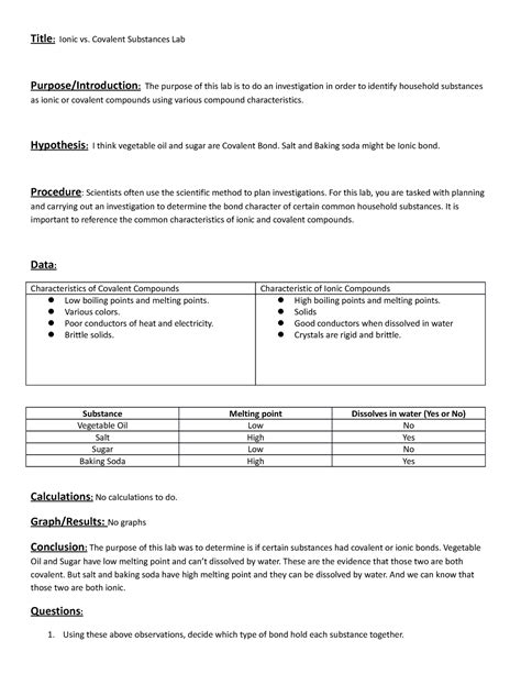 Ionic Vs Covalent Substances Lab Title Ionic Vs Covalent Substances Lab Purpose