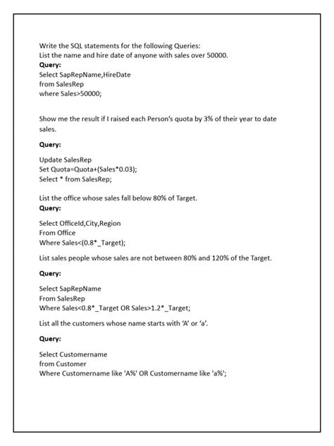 Write The Sql Statements For The Following Queries Pdf
