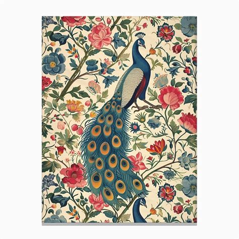 Cream And Red Peacock Wallpaper 3 Canvas Print By Featherline Fy