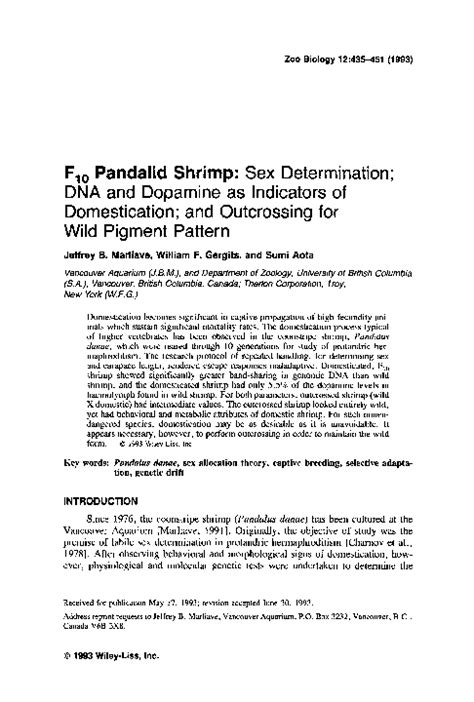 Pdf F10 Pandalid Shrimp Sex Determination Dna And Dopamine As Indicators Of Domestication