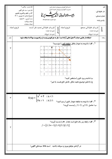 نمونه سوال امتحان پایانی ریاضی 1 دهم دبیرستان اندیشه برنا شهریور