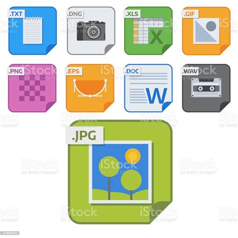 파일 형식 아이콘 및 형식 레이블 파일 시스템 아이콘 프레 젠 테이 션 문서 기호 응용 소프트웨어 폴더 그림 벡터 보관 그림입니다 그림 이미지 인쇄 파일에 대한 스톡 벡터