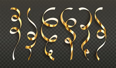 황금 뱀 축제 리본 컬렉션 축하 장식 디자인 색종이 창조적 인 나선형 선물 커버 투명한 배경에 고립된 추상 요소입니다 벡터