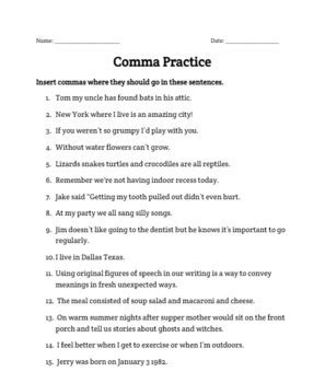 Comma Practice By Emily Kurtz TPT