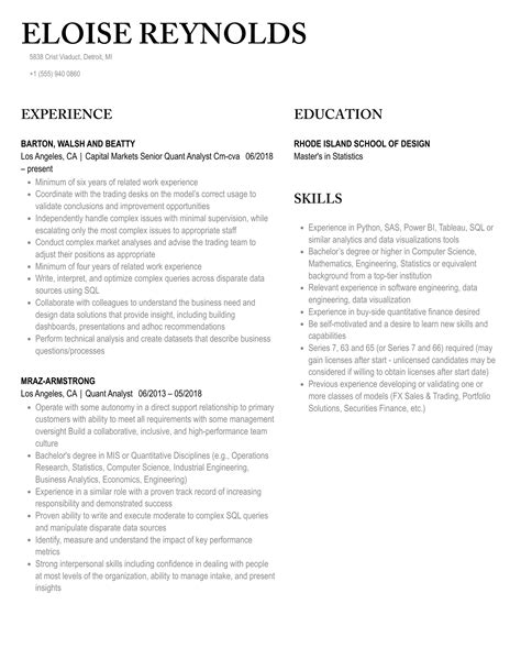 Quant Analyst Resume Samples Velvet Jobs