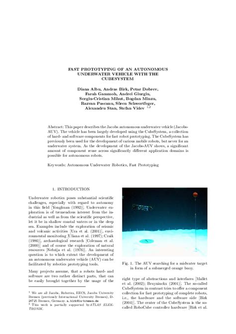Pdf Fast Prototyping Of An Autonomous Underwater Vehicle With The Cubesystem