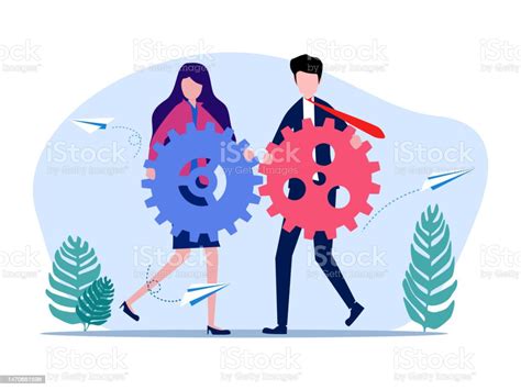 두 명의 사업가가 기어를 연결합니다 비즈니스 프로세스 사업 협력 또는 합작 투자 개발에 대한 스톡 벡터 아트 및 기타 이미지 개발 계약서 공동체 Istock