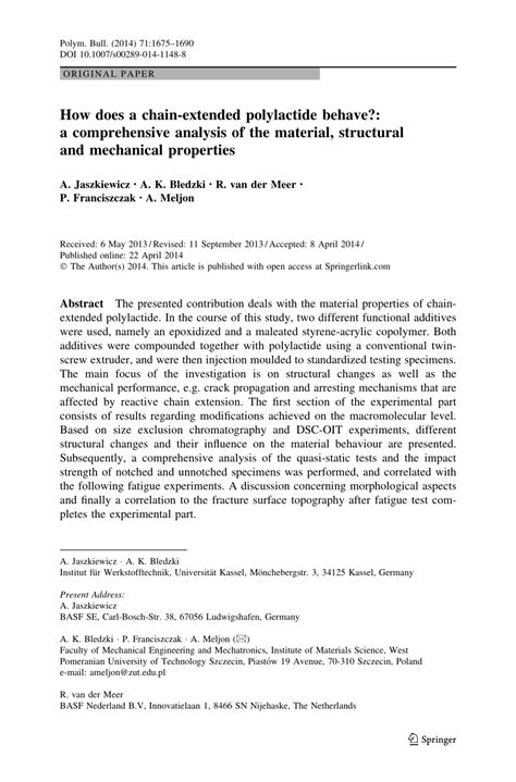 Pdf How Does A Chain Extended Polylactide Behave A Comprehensive Analysis Of The Material