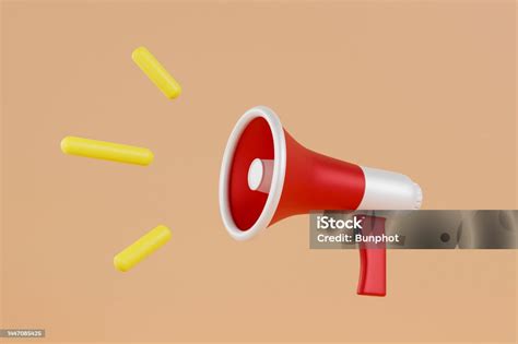 현실적인 메가폰 갈색 배경에 흰색과 빨간색 확성기 3d 모형 3d 렌더링 그림입니다 0명에 대한 스톡 사진 및 기타 이미지 0명 개념 광고 Istock
