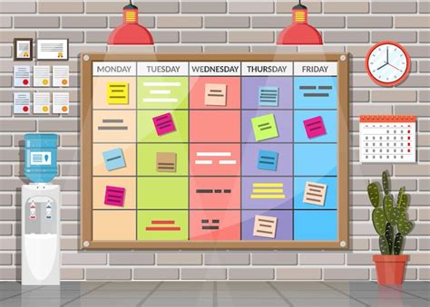 사무실 인테리어에 애자일 보드를 스크럼 스티커 메모 카드에 작업으로 가득 찬 벽에 게시판 직원을 위한 이벤트 목록입니다 개발 팀 작업 할 일 목록 평면 벡터