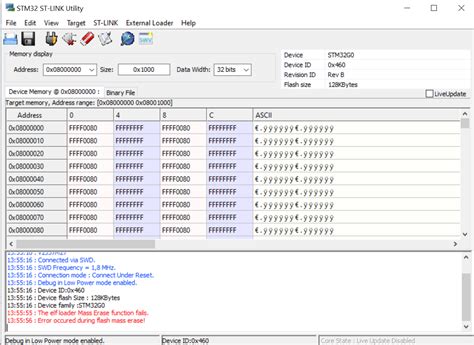 error with full chip erase stm cube programmer stmicroelectronics