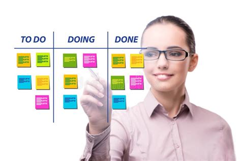 Businesswoman Working On Kanban Board With Tasks Stock Image Image Of Note Management 287517559
