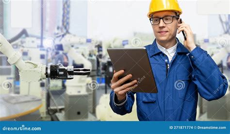 Engineer Uses A Digital Tablet To Control Robots In A Smart Factory