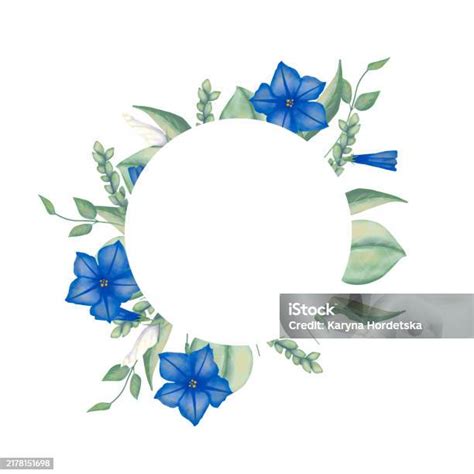 푸른 꽃과 녹색 단풍으로 라운드 화환을 틀 수 있습니다 인쇄 및 웹 디자인을 위한 수채화 디지털 일러스트레이션 결혼식에 대한 스톡 벡터 아트 및 기타 이미지 Istock