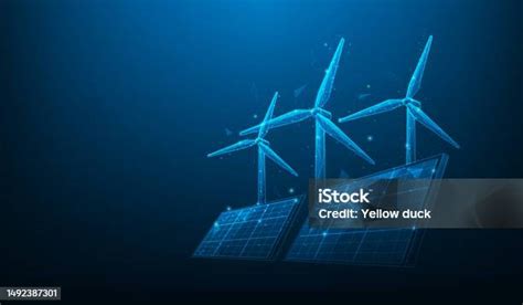 태양 전지와 풍력 터빈 기술은 파란색 배경에 낮은 폴리 와이어프레임입니다 재생 가능 에너지원은 디지털 개념입니다 청정 에너지