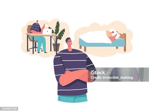 흰색 배경에 고립된 청년의 일과 수면 사이의 선택 컬러 만화 사람들 벡터 일러스트 레이 션 가공의 인물에 대한 스톡 벡터 아트