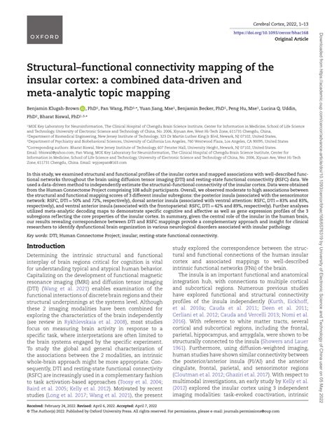 Pdf Structuralfunctional Connectivity Mapping Of The Insular Cortex A Combined Data Driven