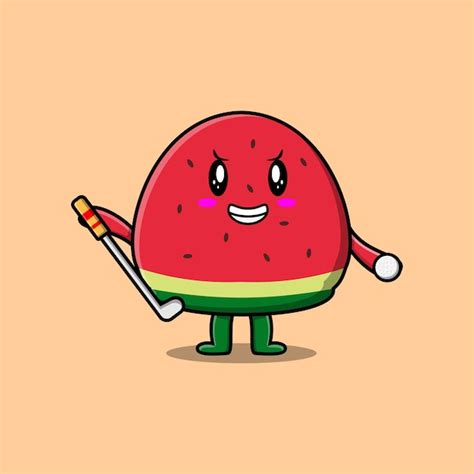 컨셉 플랫에서 골프를 치는 귀여운 만화 수박 캐릭터 프리미엄 벡터