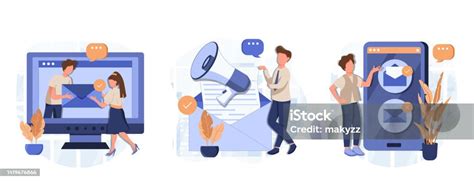 전자 메일 마케팅 및 프로모션 일러스트 세트 광고 메일 및 판촉 행사를 판매 및 할인과 함께 보내는 캐릭터 전자 상거래 비즈니스