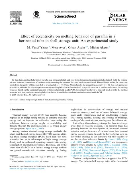 Effect Of Eccentricity On Melting Behavior Of Para N In A Horizontal Tube In Shell Storage Unit