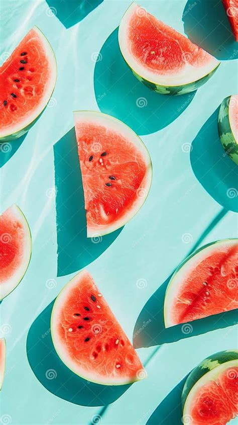 Aesthetic Juicy Slices Of Red Watermelon On The Pastel Turquoise