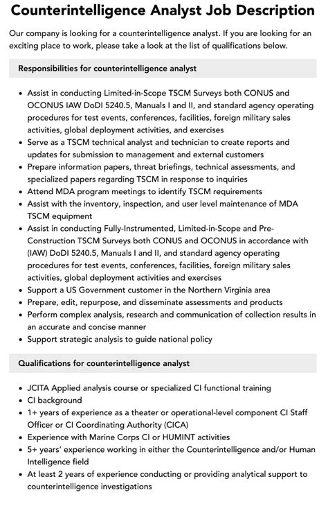 Counterintelligence Analyst Job Description Velvet Jobs