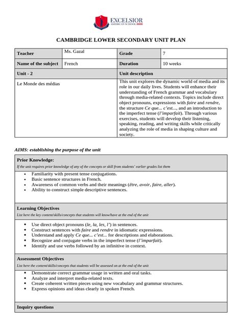 Cls Unit Plan Grade 7 Unit 2 Pdf Cognition Human Communication