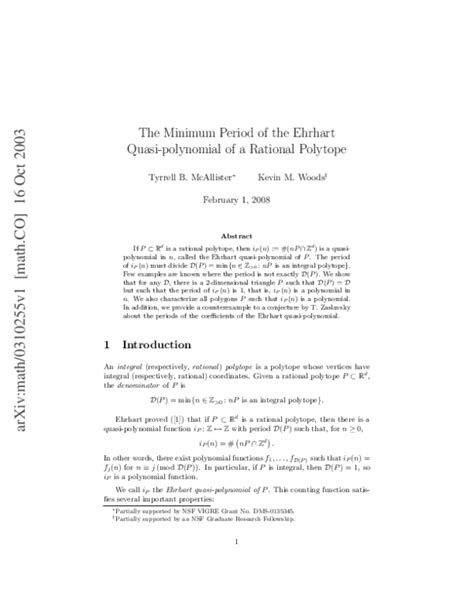 Pdf The Minimum Period Of The Ehrhart Quasi Polynomial Of A Rational