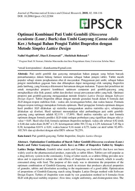 Pdf Optimasi Kombinasi Pati Umbi Gembili Dioscorea Esculenta Lour Burk Dan Pati Umbi