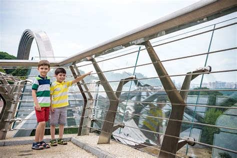 두 소년의 초상화는 다리를 통해 산책하고 아래를 내려다 보고 화창한 날에 밖에 걷는 아이 유리 다리에서 여름에 야외에서 휴식을 취하는 어린 소년의 초상화 관광 개념 2명에