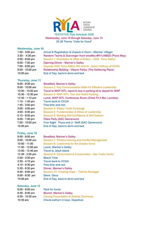 Ryla Schedule Rotary District 6920