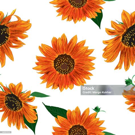 해바라기 원활한 패턴입니다 나뭇잎과 꽃 벽지입니다 밝고 다채로운 예술적 그림 꽃 그림 손으로 그린 컬러 식물입니다 흰색 배경에 벡터 그림입니다 섬유 직물 가을에 대한 스톡