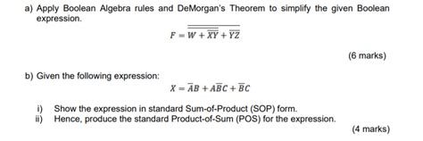 Solved A Apply Boolean Algebra Rules And De Morgan S Chegg