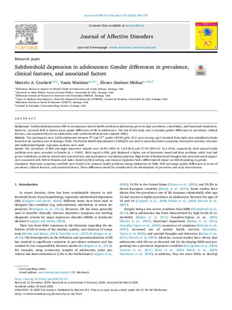 Pdf Subthreshold Depression In Adolescence Gender Differences In