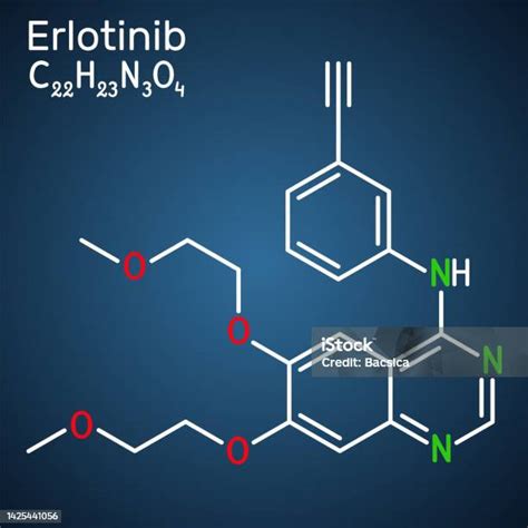 Erlotinib 약물 분자 그것은 폐암 Nsclc 및 췌장암을 치료하는 데 사용됩니다 진한 파란색 배경에 구조 화학 공식 건강관리와 의술에 대한 스톡 벡터 아트 및 기타