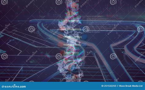 Animation Of Dna Strand Over Data Processing And Computer Circuit Board
