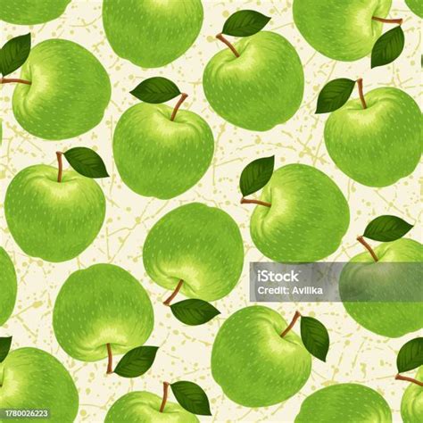 Green Apple Seamless Pattern Of Green Apples On A Beige Background With