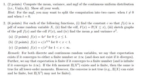 solved 1 2 points compute the mean variance and mgf of
