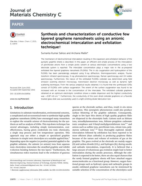 Pdf Synthesis And Characterization Of Conductive Few Layer Graphene Nanosheets By Anioinc