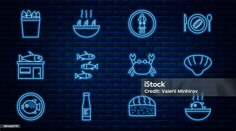 세트 라인 복어 수프 가리비 조개 접시에 문어 생선 해산물 가게 물고기와 낚시 양동이 게와 수프 새우 아이콘 벡터 갈고리 발톱에