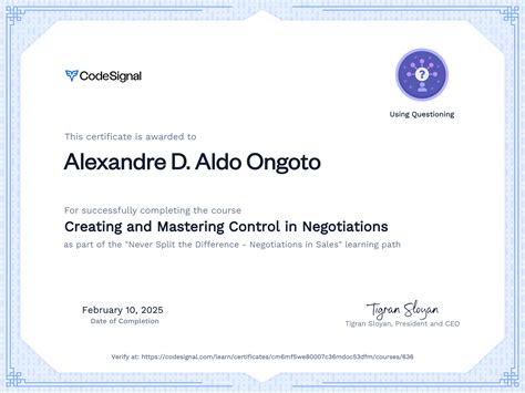 Course Certificate For Creating And Mastering Control In Negotiations Codesignal Learn