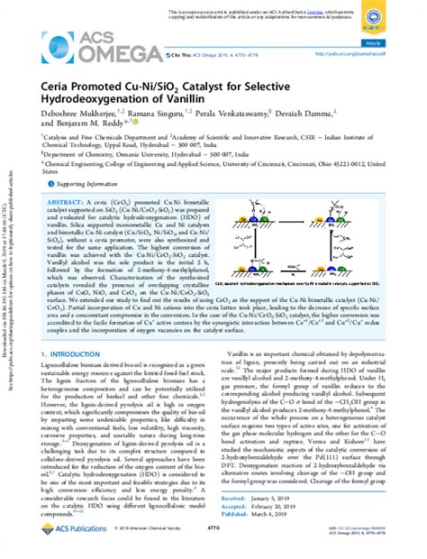 Pdf Ceria Promoted Cu Ni Sio2 Catalyst For Selective Hydrodeoxygenation Of Vanillin