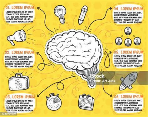 인간의 두뇌와 손으로 그린 다목적 인포 그래픽 템플릿 텍스트 상자가 있는 6개의 단계를 노란색 배경의 타임라인에 사용할 수 있습니다 벡터 그림입니다 로켓에 대한 스톡 벡터