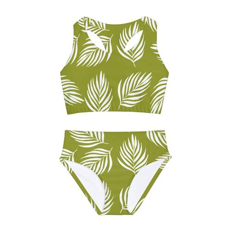 Green Leaves Print Swimsuit Set Floral Pattern Two Piece Bathing Suit Cute Girls Swimwear
