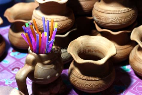 Straws Plastic In Pottery Pot For Sweet Juice At Night Market Street